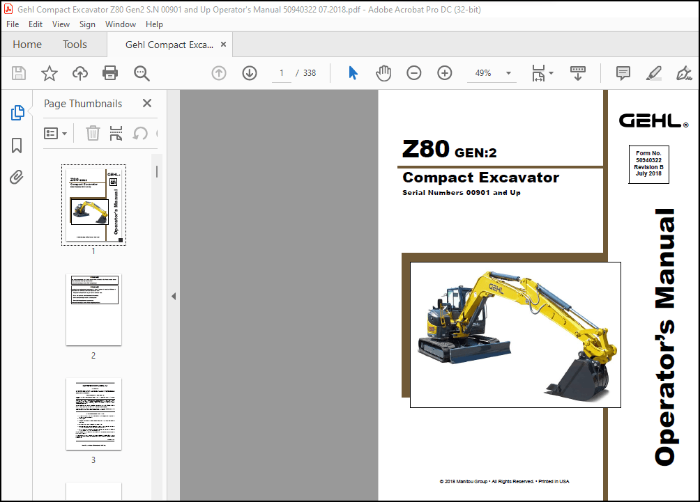 Gehl Z80 GEN2 Compact Excavator Operator’s Manual 50940322 – PDF DOWNLOAD