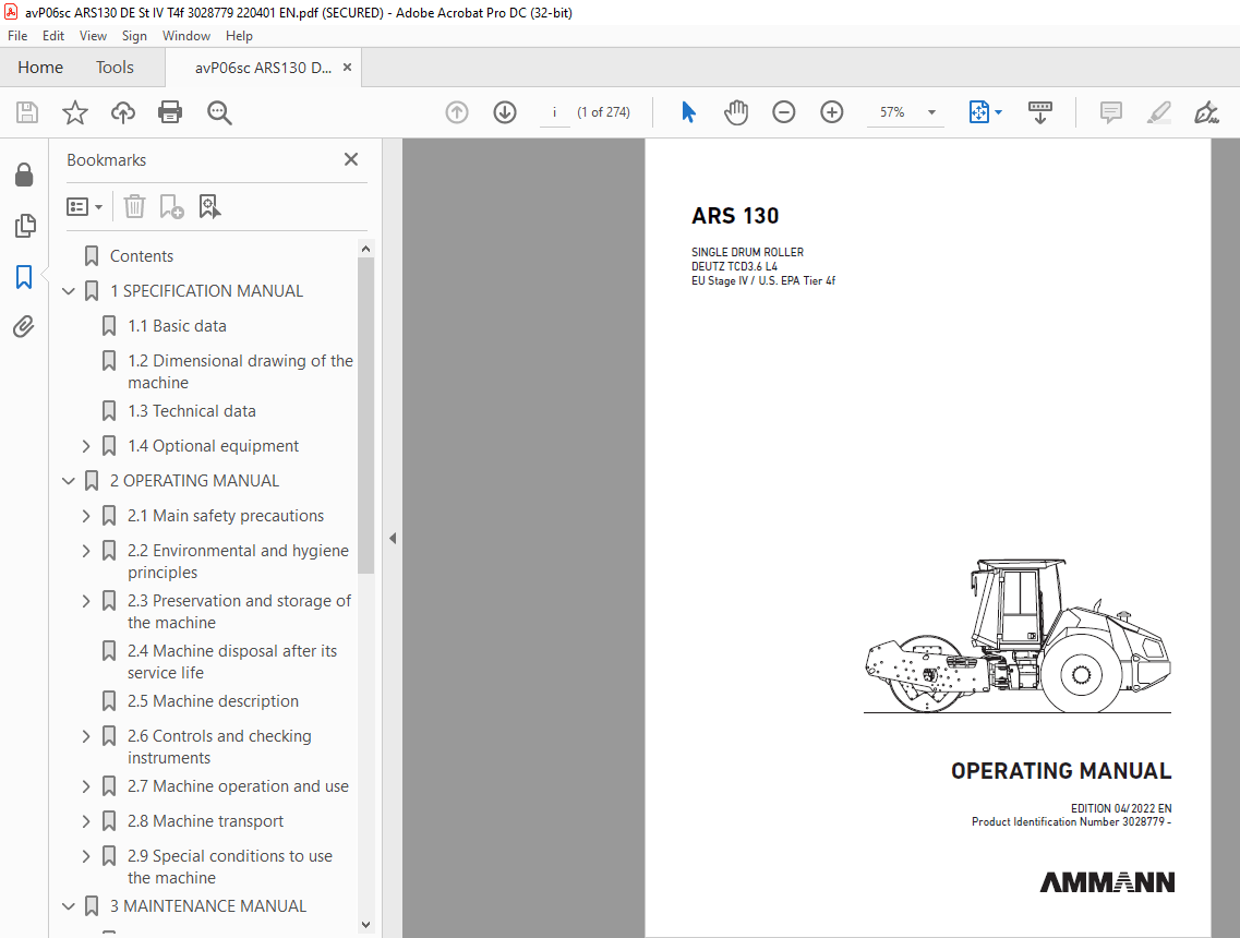 Ammann ARS 130 Single Drum Roller Operating Manual 3028779 PDF