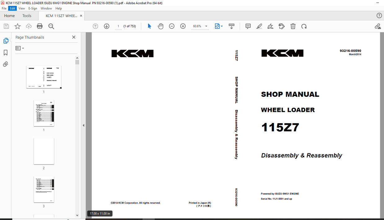 KCM 115Z7 WHEEL LOADER(Disassembly & Reassembly) ISUZU 6WG1 ENGINE Shop Manual - PDF DOWNLOAD