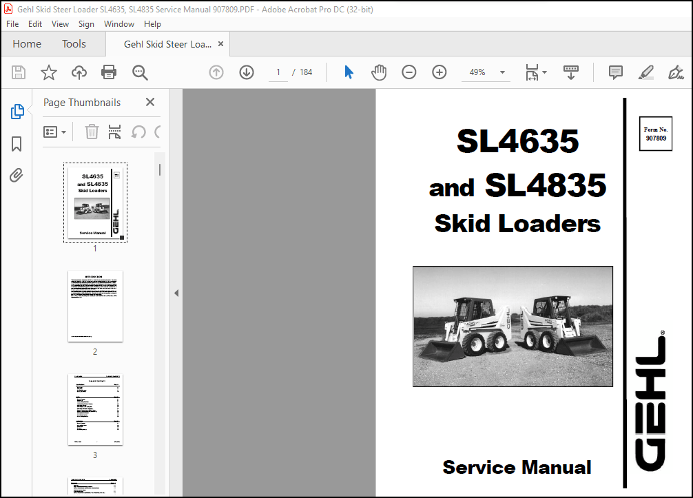 Gehl SL4635 & SL4835 Skid Loader Service Manual 907809 – PDF DOWNLOAD