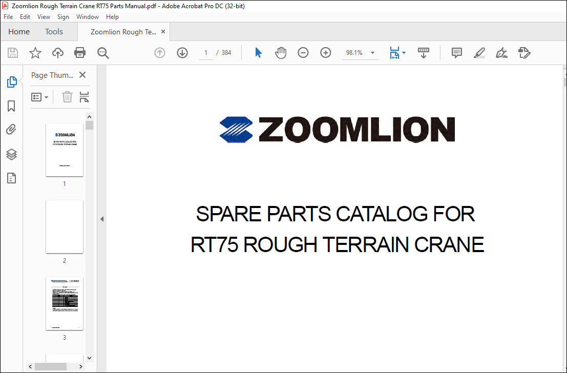 Zoomlion RT75 Rough Terrain Crane Parts Catalog Manual – PDF DOWNLOAD