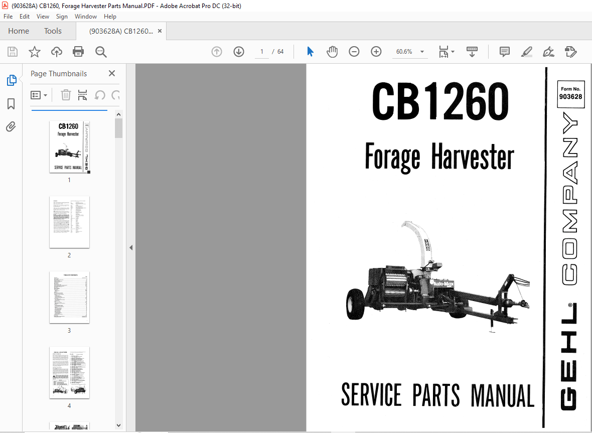 Gehl CB 1260 Forage Harvester Service Parts Manual 903628 – PDF DOWNLOAD
