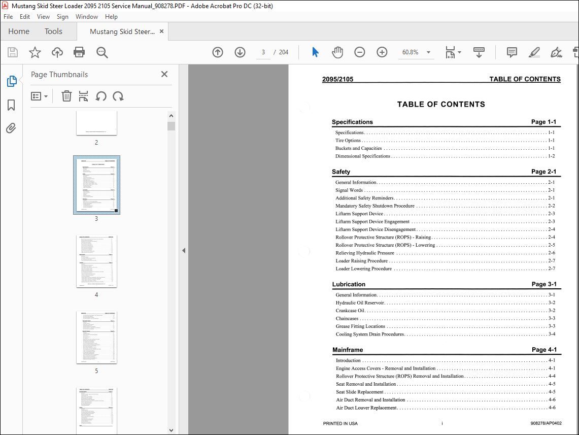 Mustang Skid Steer Loader 2095 2105 Service Manual (908278) – PDF DOWNLOAD