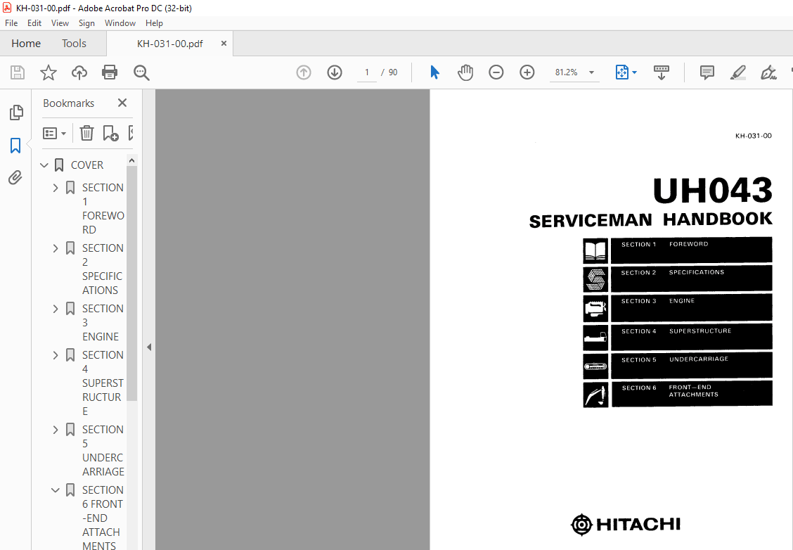 Hitachi Hydraulic Excavator UH043 Serviceman HANDBOOK Manual(KM-031-00 ...