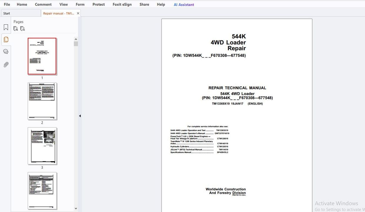 JOHN DEERE 544K 4WD LOADER REPAIR TECHNICAL MANUAL TM13369X19 - PDF ...