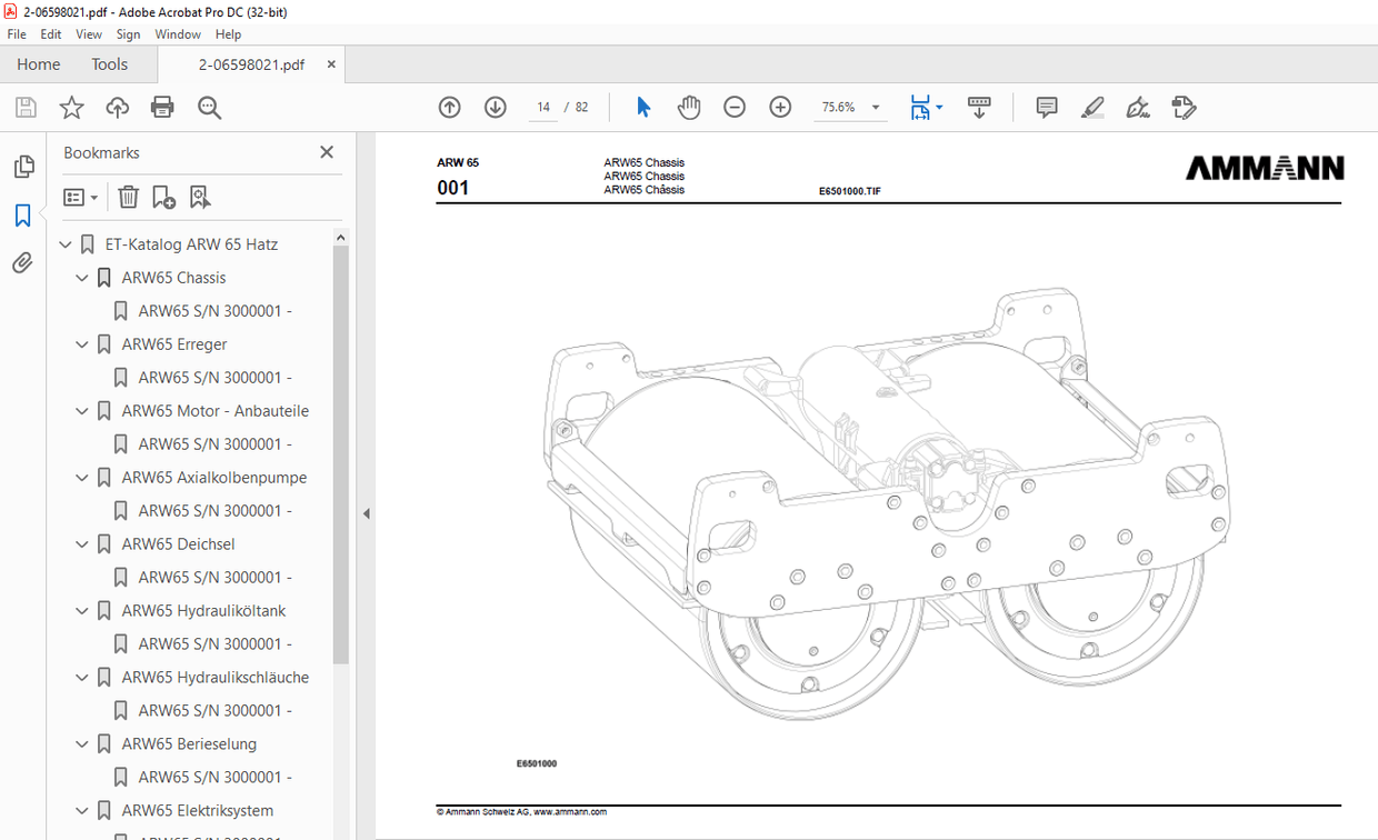 Ammann ARW 65 HATZ 1D42 Parts Manual 3000001-3023749 PDF