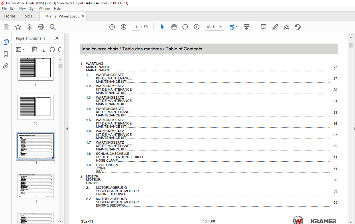 KRAMER Wheel loader 8095T Spare Parts List Manual SN352110001 – PDF ...