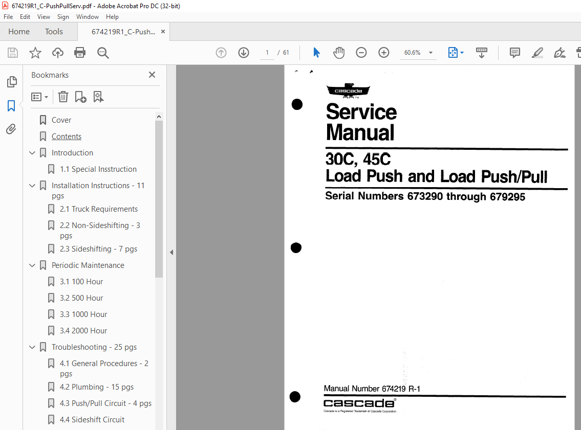 Cascade 30C, 45C Load Push and Load Push/Pull Service Manual 674219 R-1 ...