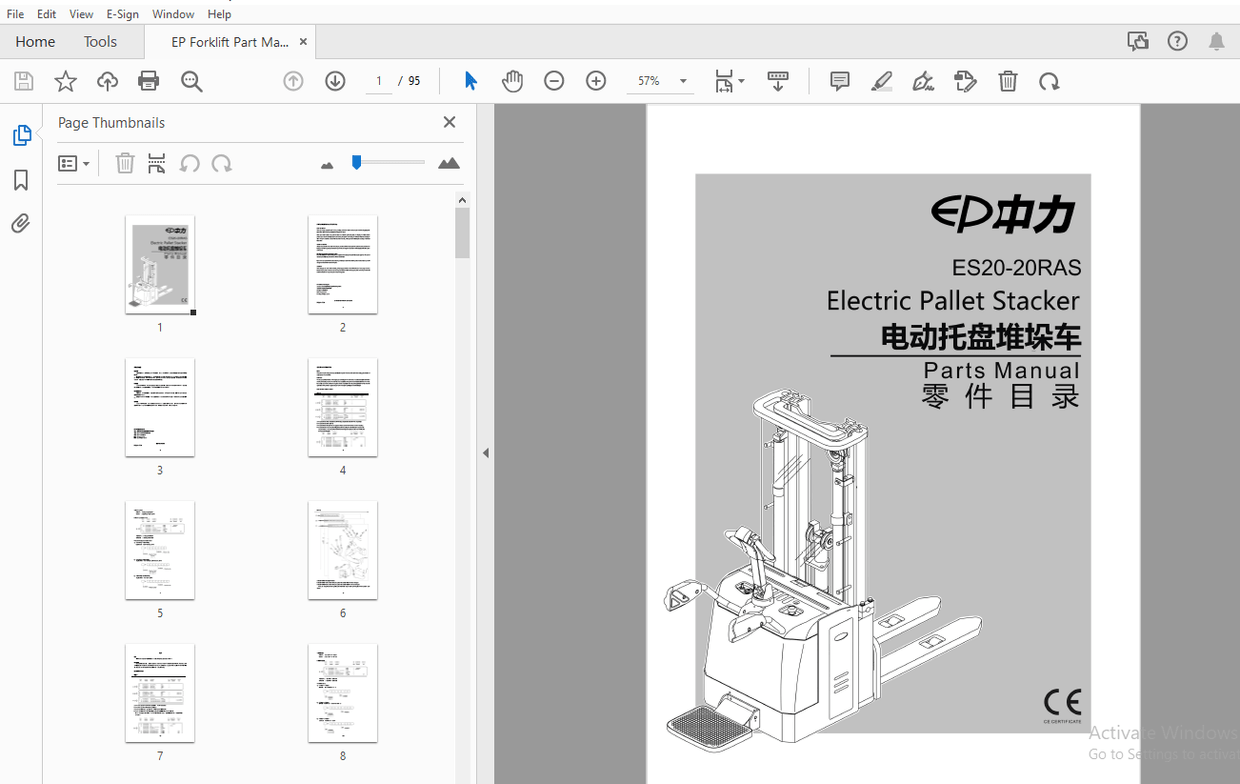 EP ES20-20RAS Electric Pallet Stacker Parts Manual – PDF DOWNLOAD