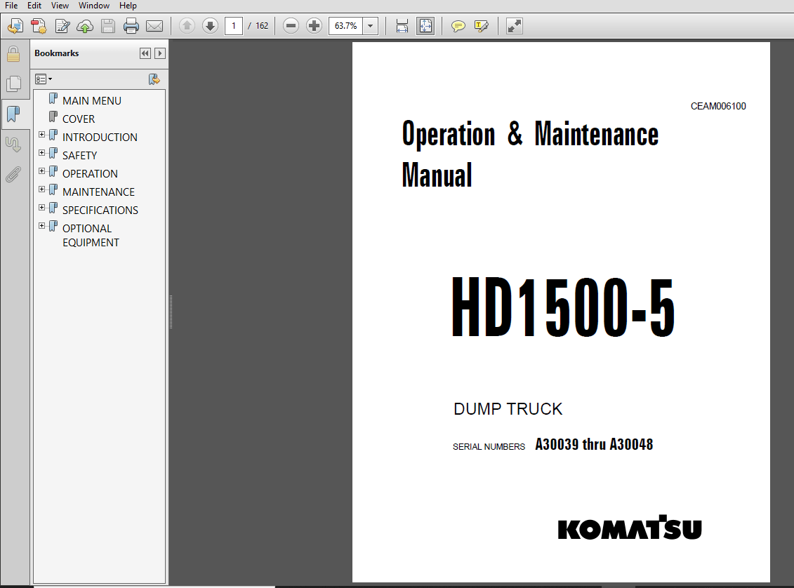 Komatsu HD1500-5 Dump Truck Operation & Maintenance Manual PDF DOWNLOAD