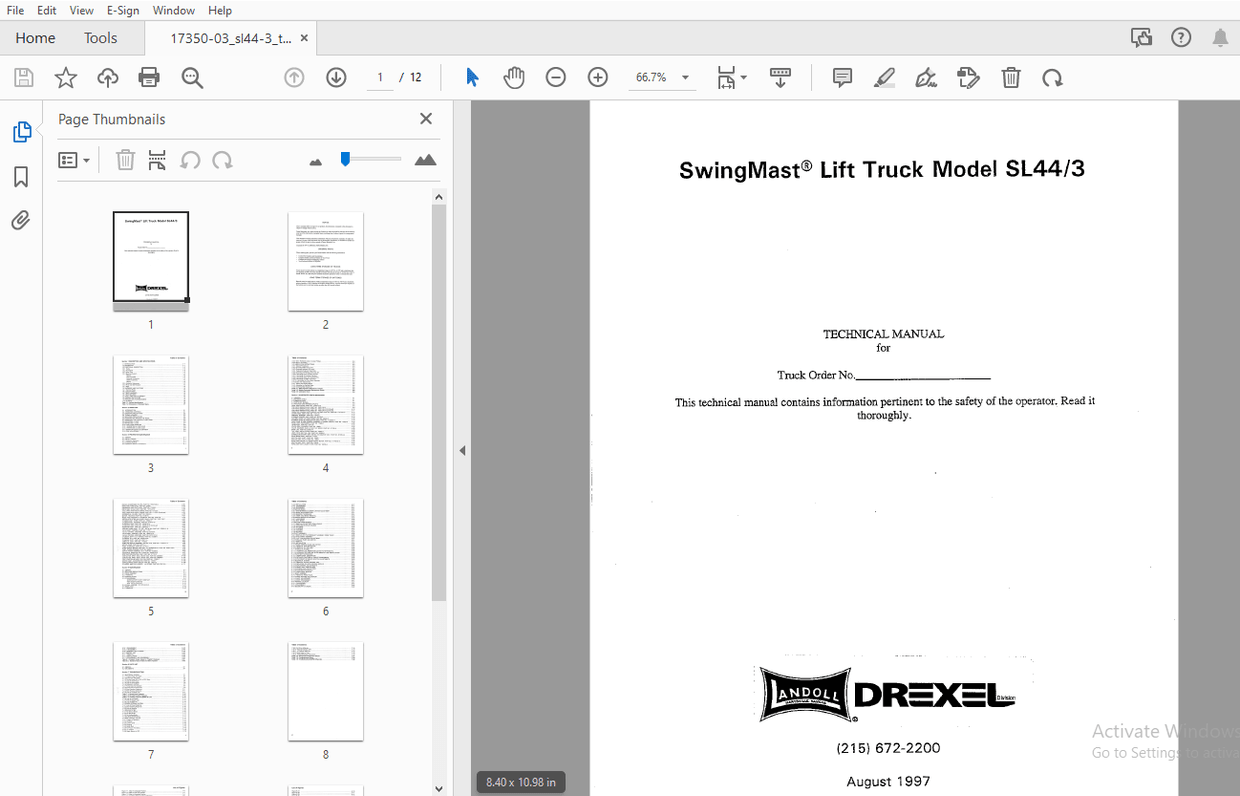 Drexel SL44/3 SwingMast Lift Truck Technical Manual 17350-03 – PDF DOWNLOAD