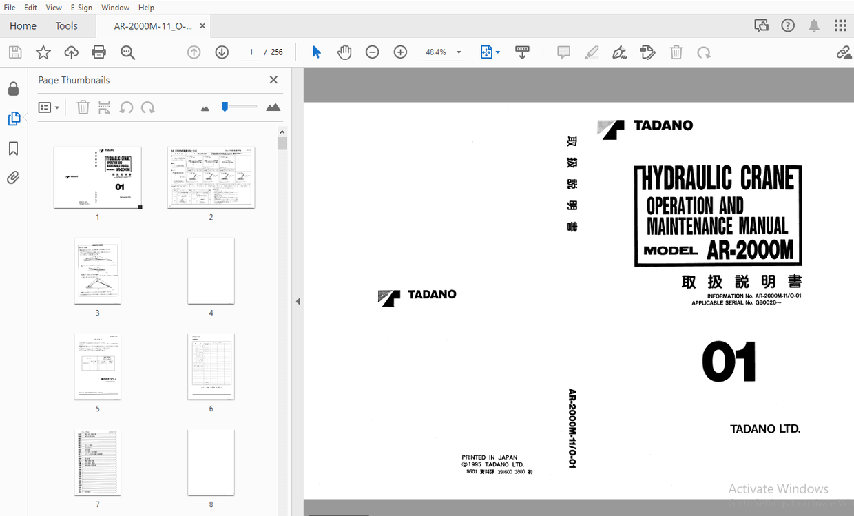 Tadano AR-200M Hydraulic Crane Operation & Maintenance Manual – PDF