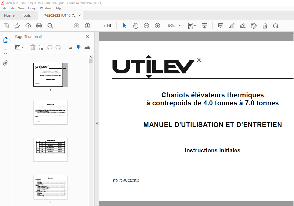 UTILEV 4.0 à 7.0 tonnes Chariots élévateurs thermiques MANUEL D’UTILISATION PDF