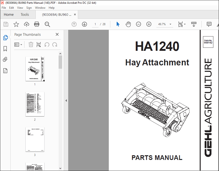 Gehl HA1240 Hay Attachment Parts Manual(908142) – PDF DOWNLOAD