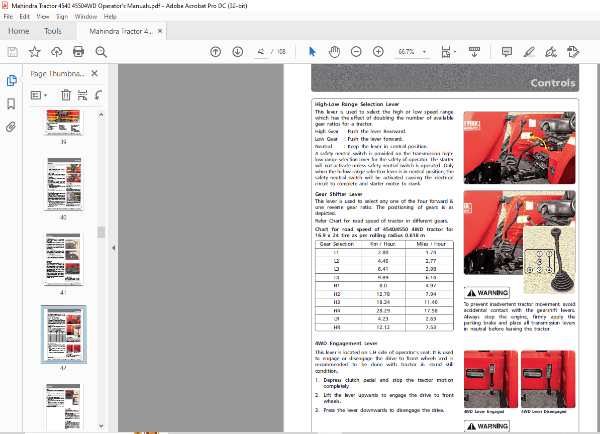 Mahindra Tractor 4540 4550 4WD Tier-4 Operator’s Manual – PDF DOWNLOAD