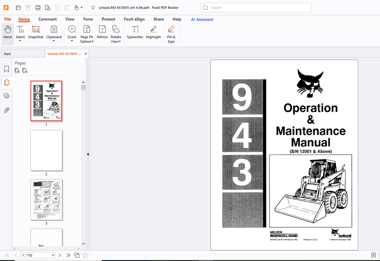 Bobcat 943 Operation & Maintenance Manual - PDF DOWNLOAD