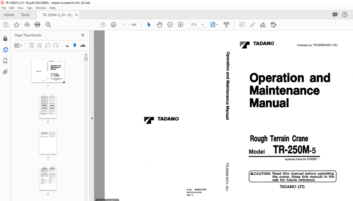 Tadano Crane TR-250M-s Rough Terrain Crane Operation & Maintenance ...