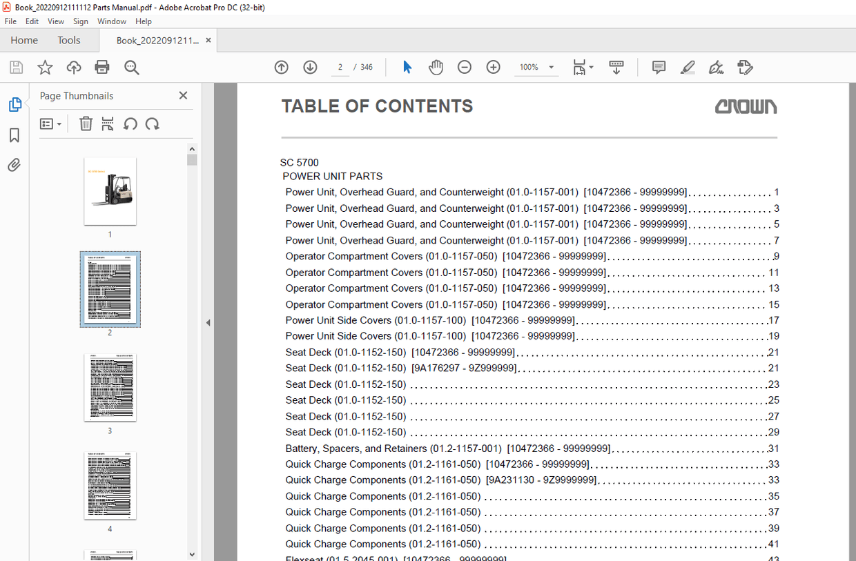 Crown Forklift SC 5700 Series Parts Manual – PDF DOWNLOAD