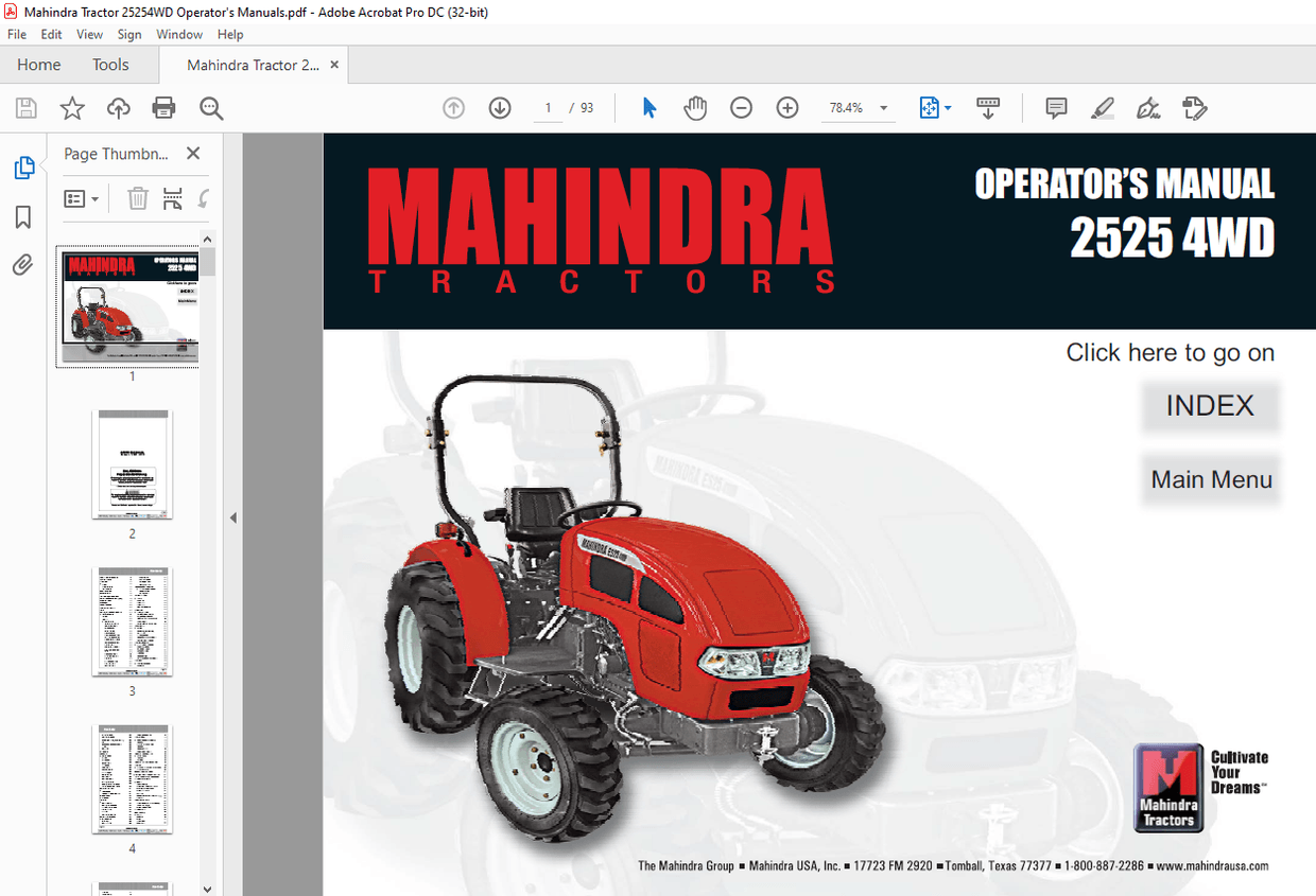 Mahindra Tractor 2525 4WD Operator’s Manual – PDF DOWNLOAD