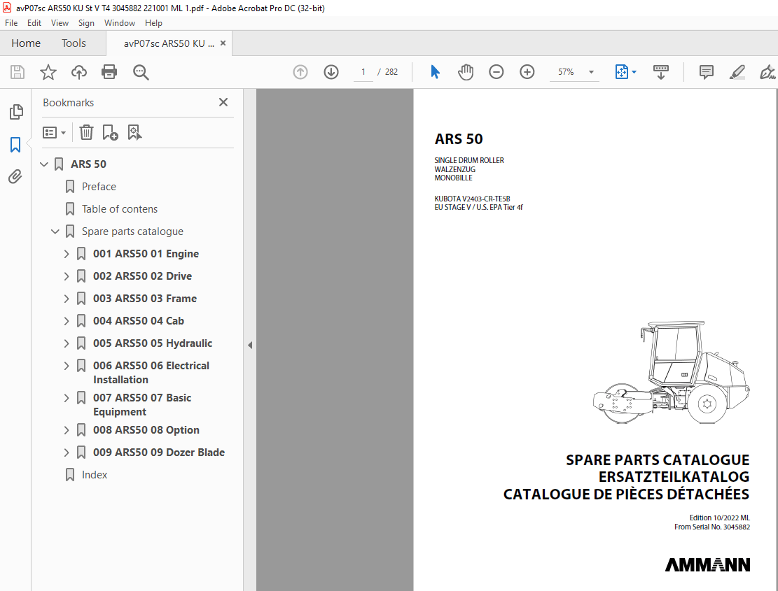 Ammann ARS 50 Single Drum Roller Parts Catalogue Manual 3045882 - PDF DOWNLOAD