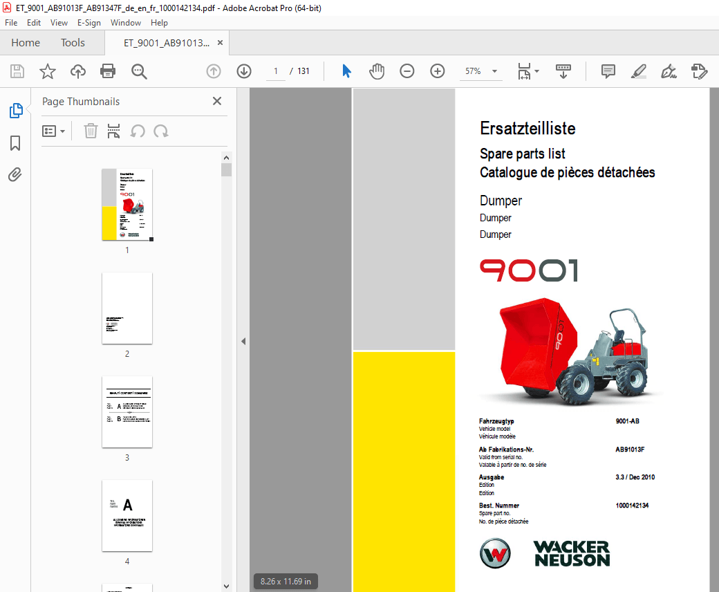 Wacker Neuson 9001 Dumper Parts Manual 1000142134 - PDF DOWNLOAD