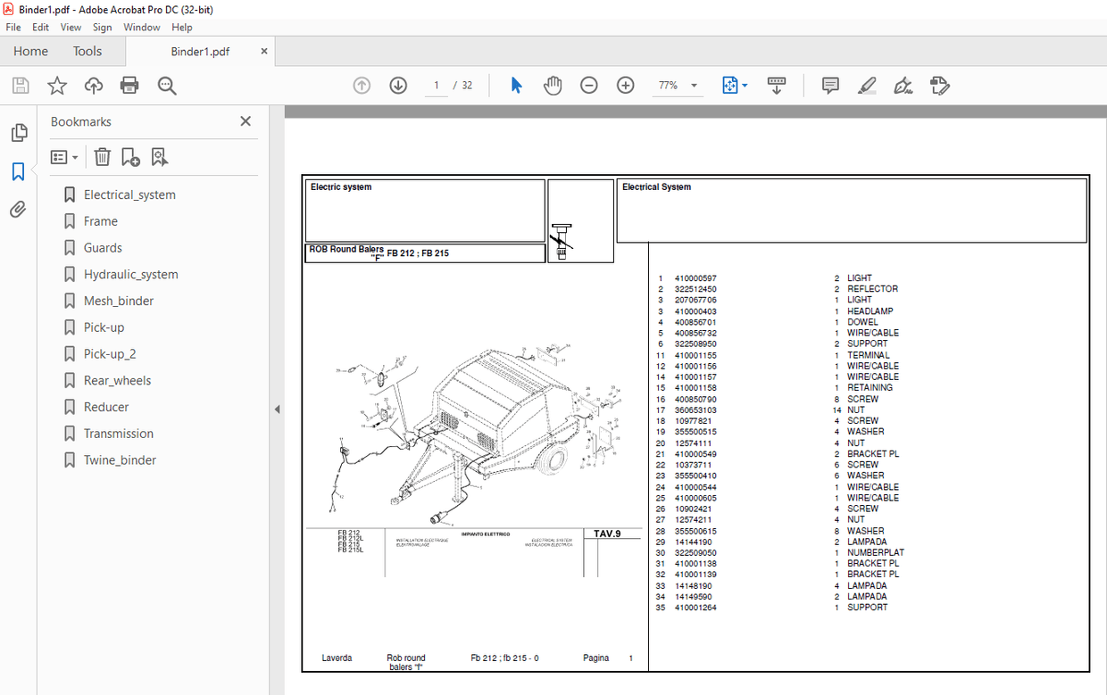 Laverda FB212 FB215 Agricultural Tractor Parts Manual