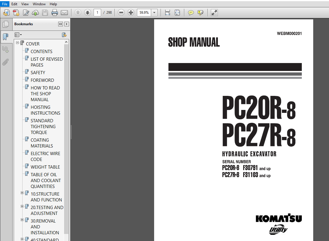 Komatsu PC20R-8 PC27R-8 Hydraulic Excavator Shop Manual WEBM000201 ...