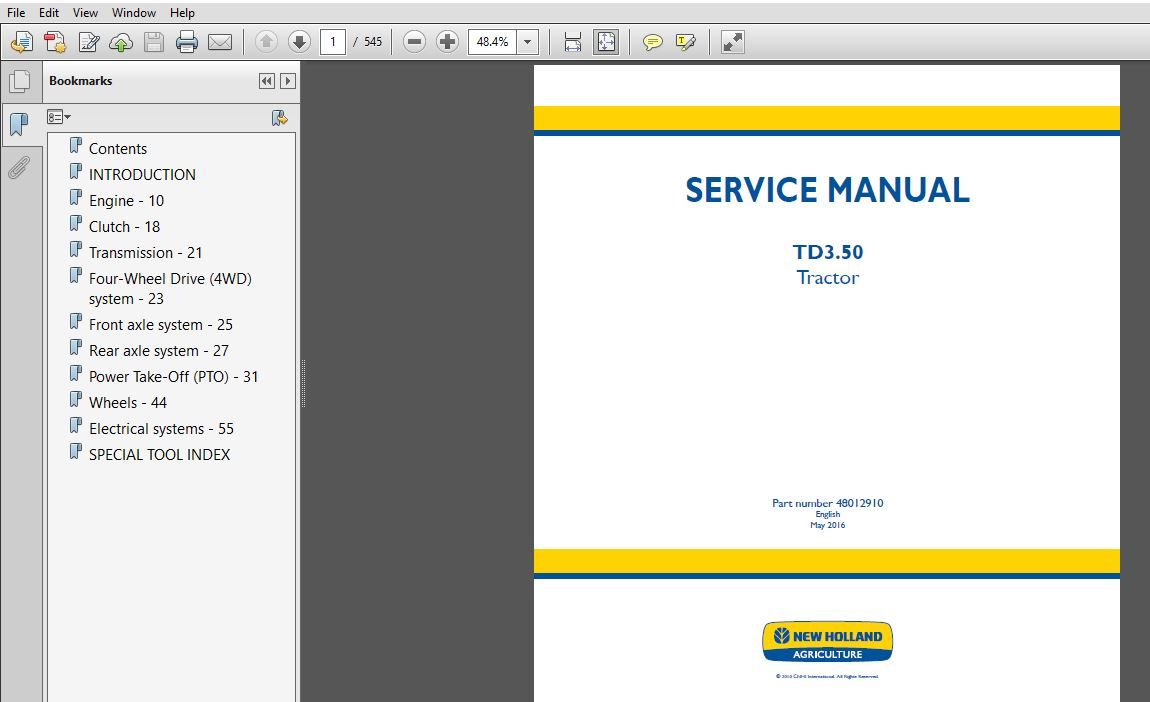 New Holland Tractor TD3.50 Service Manual 48012910 – PDF DOWNLOAD