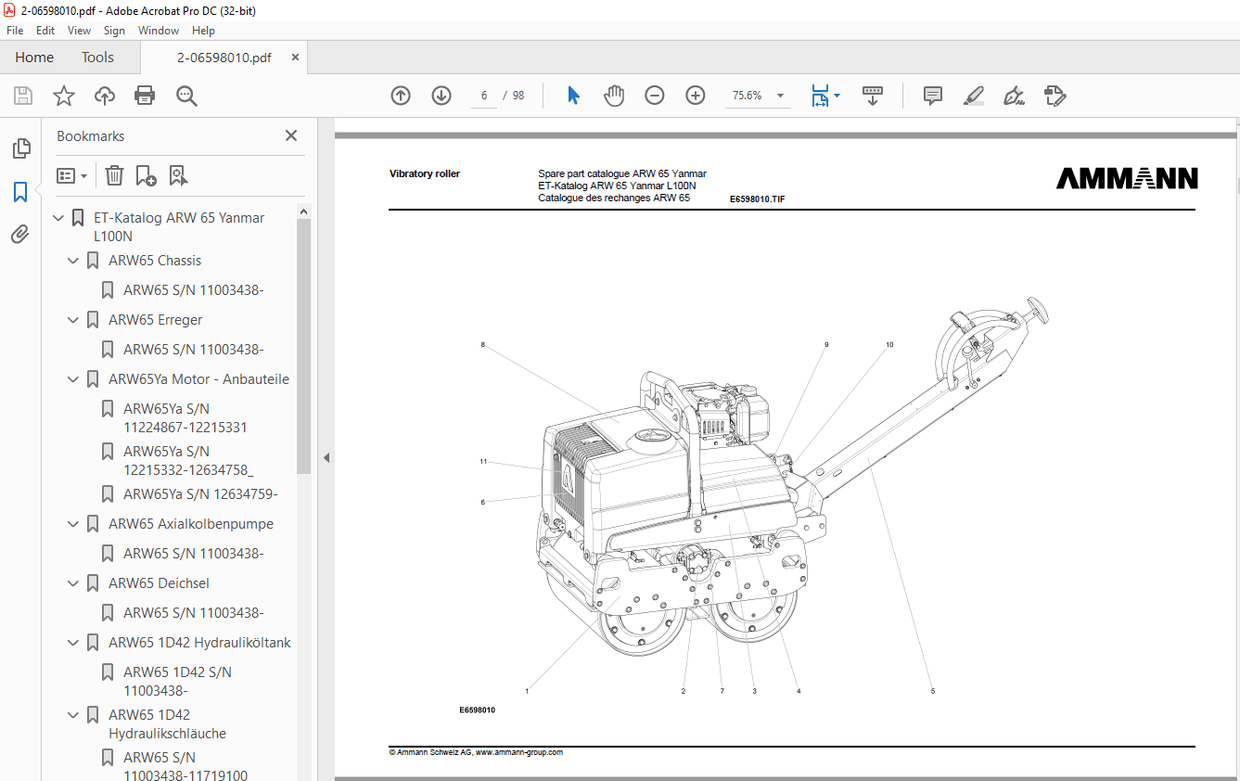 Ammann ARW 65 Yanmar L100N Parts Manual 11224867 – PDF DOWNLOAD