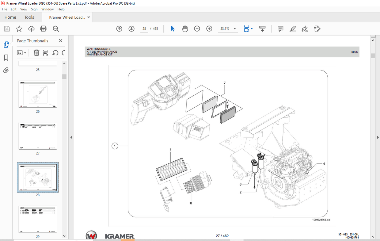 KRAMER Wheel loader 8095 8095L Spare Parts List Manual SN351060001 ...