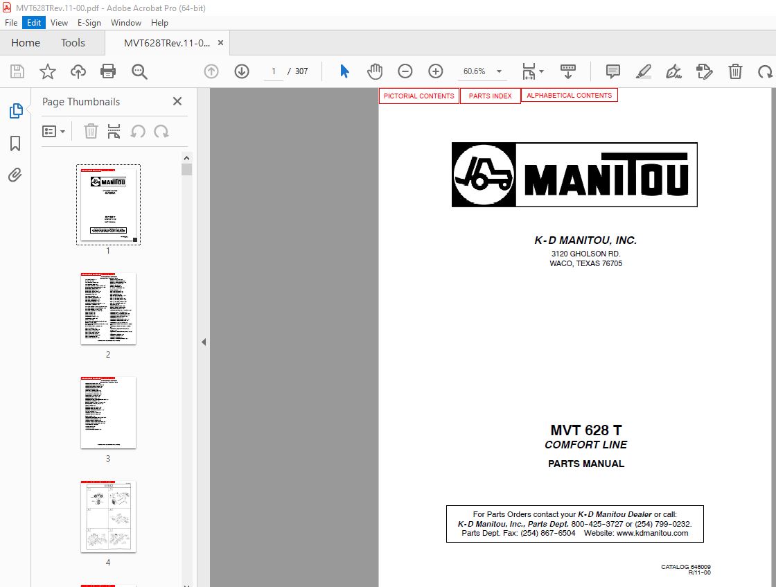 Manitou Forklift MVT 628 T COMFORT LINE Parts Manual – PDF DOWNLOAD