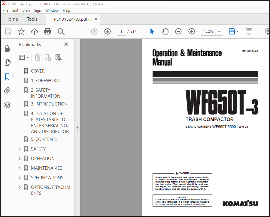 Komatsu Trash Compactor WF650T-3 Operation & Maintenance Manual ...
