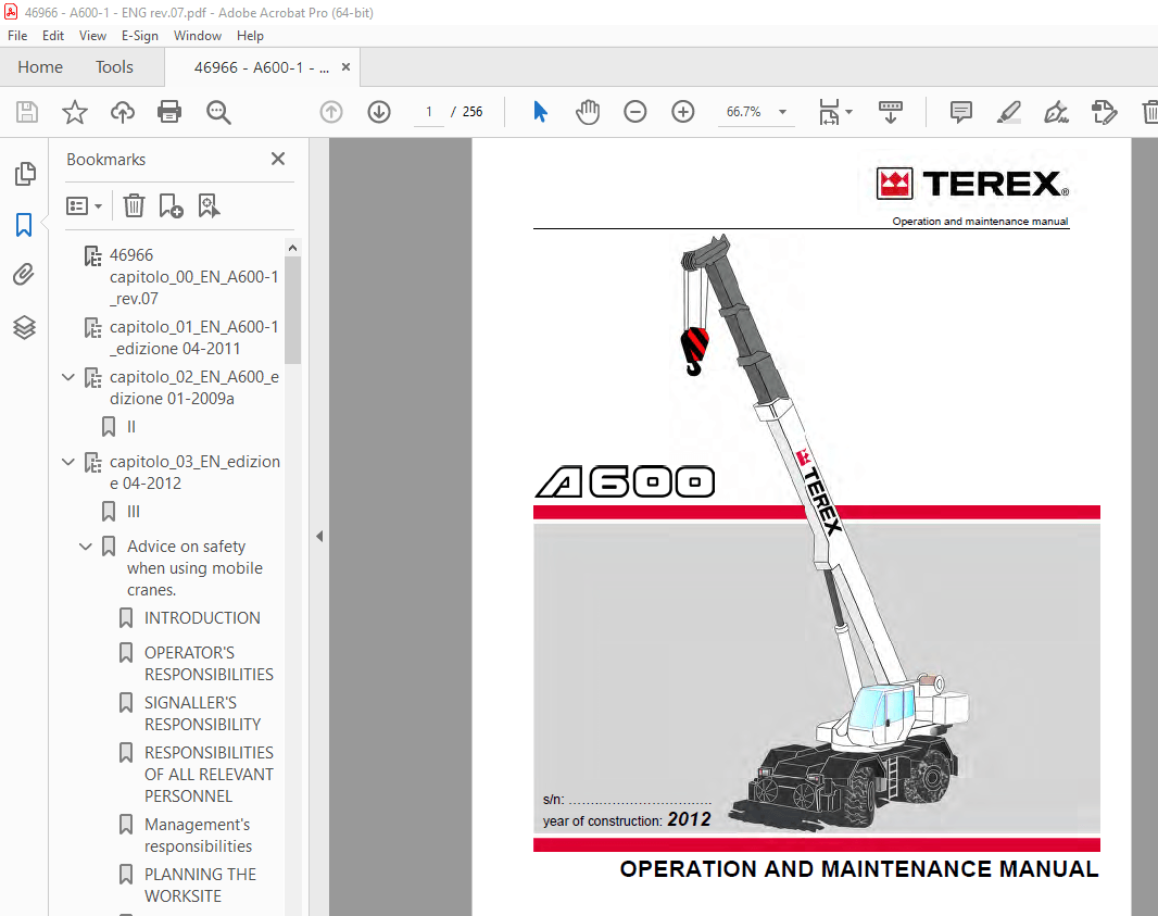 Terex Crane A600 Operation & Maintenace Manual 46966 – PDF DOWNLOAD