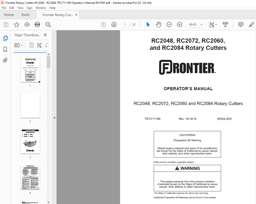 Frontier Rotary Cutters RC2048 RC2072 RC2060 And RC2084 Operator’s ...
