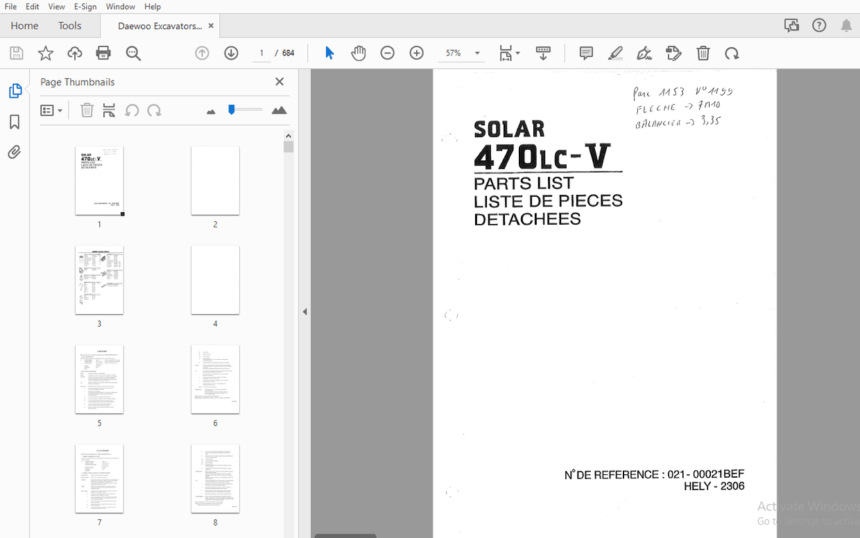 Daewoo Excavators 470LC-V Parts Manual – PDF DOWNLOAD