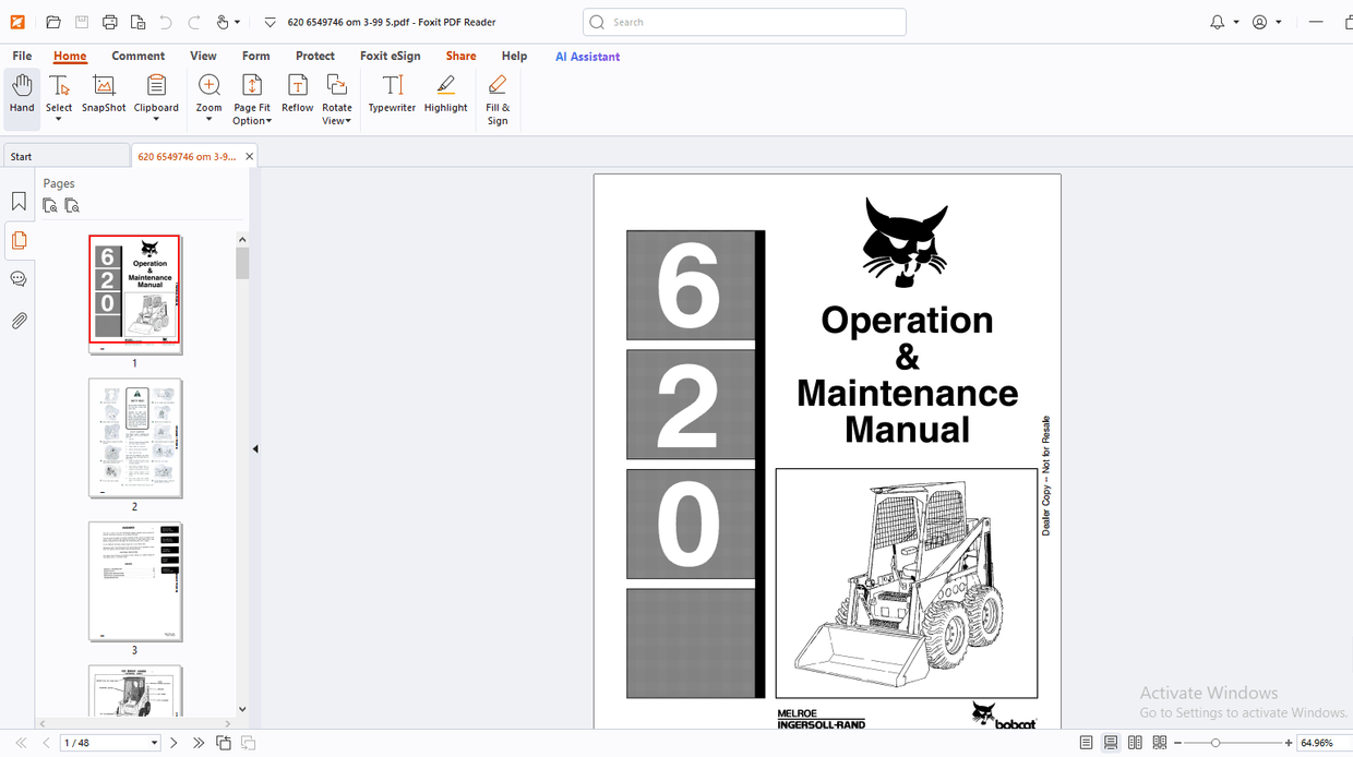 Bobcat 620 Operation & Maintenance Manual - PDF DOWNLOAD