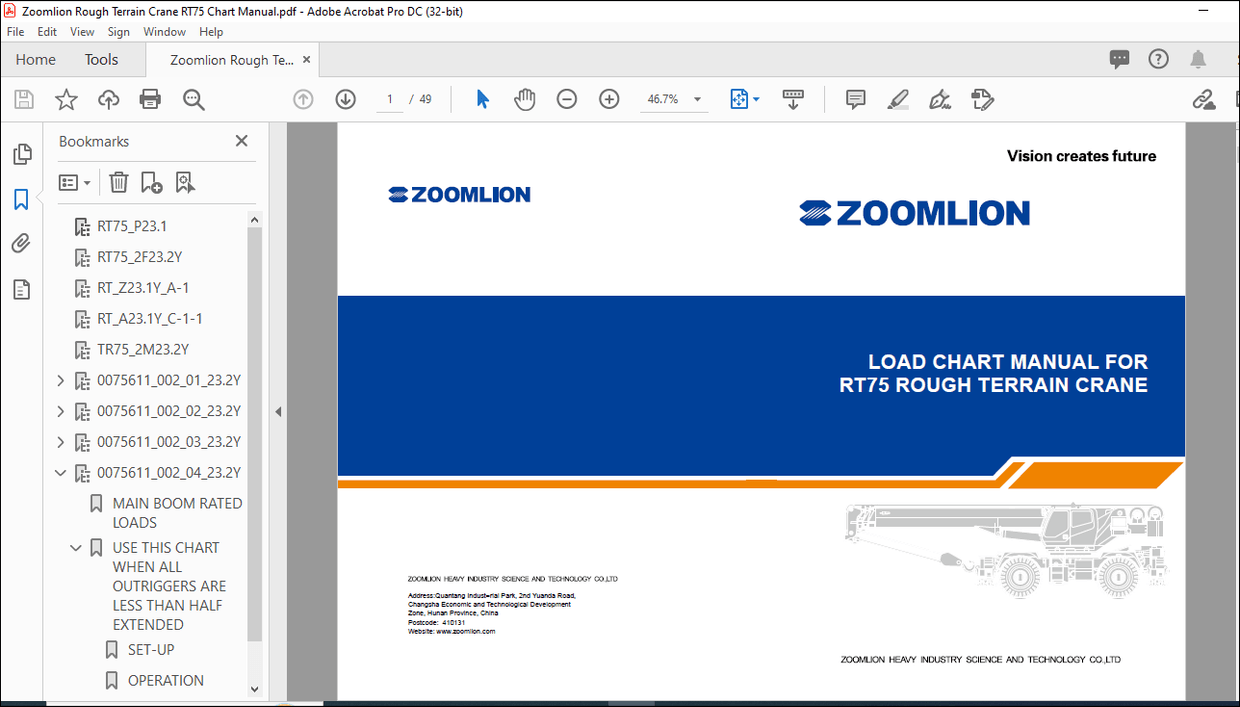 Zoomlion Rough Terrain Crane RT75 Load Chart Manual – PDF DOWNLOAD