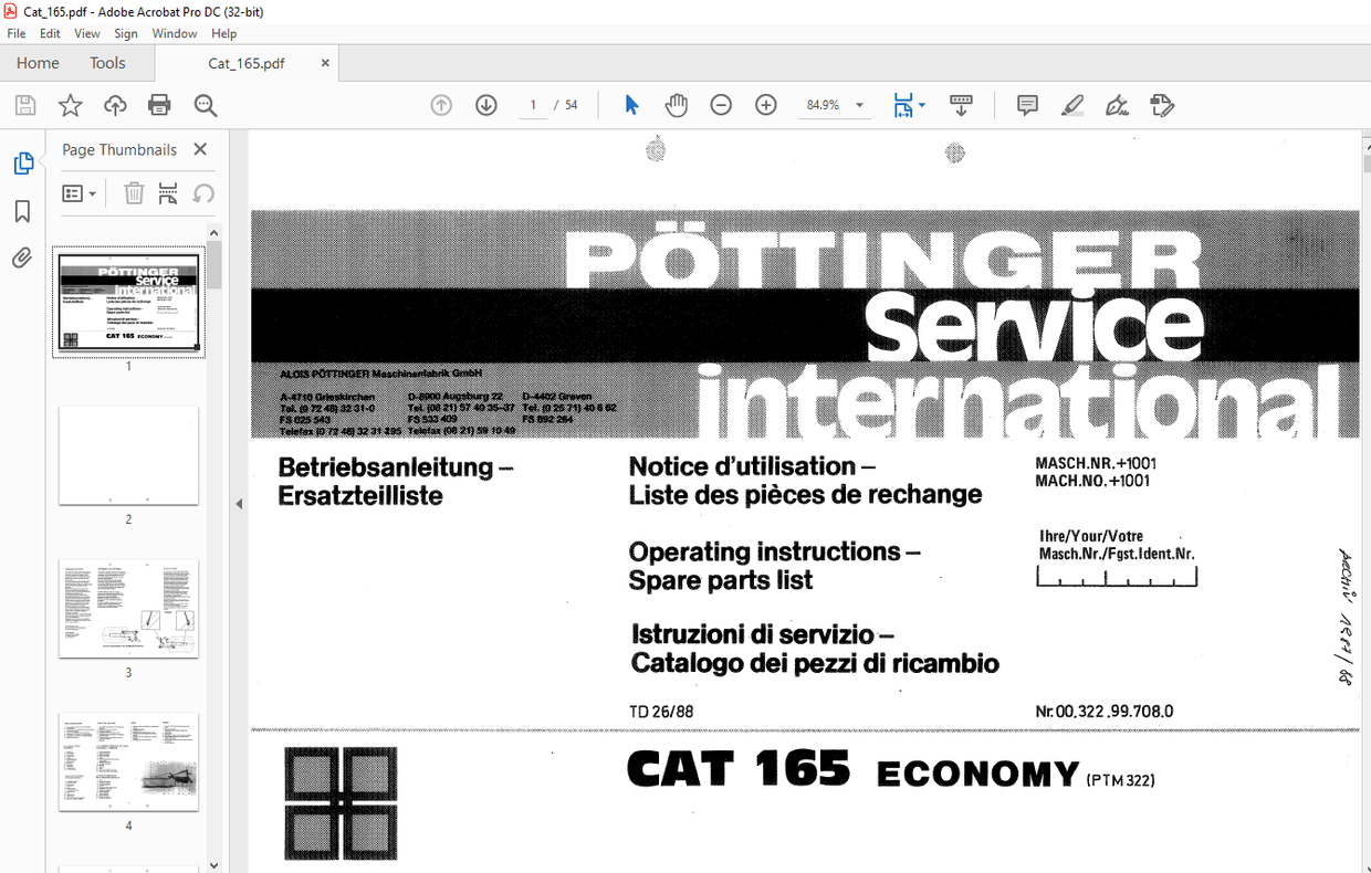 Pottinger Tractor CAT 165 ECONOMY Operating instructions Spare parts ...