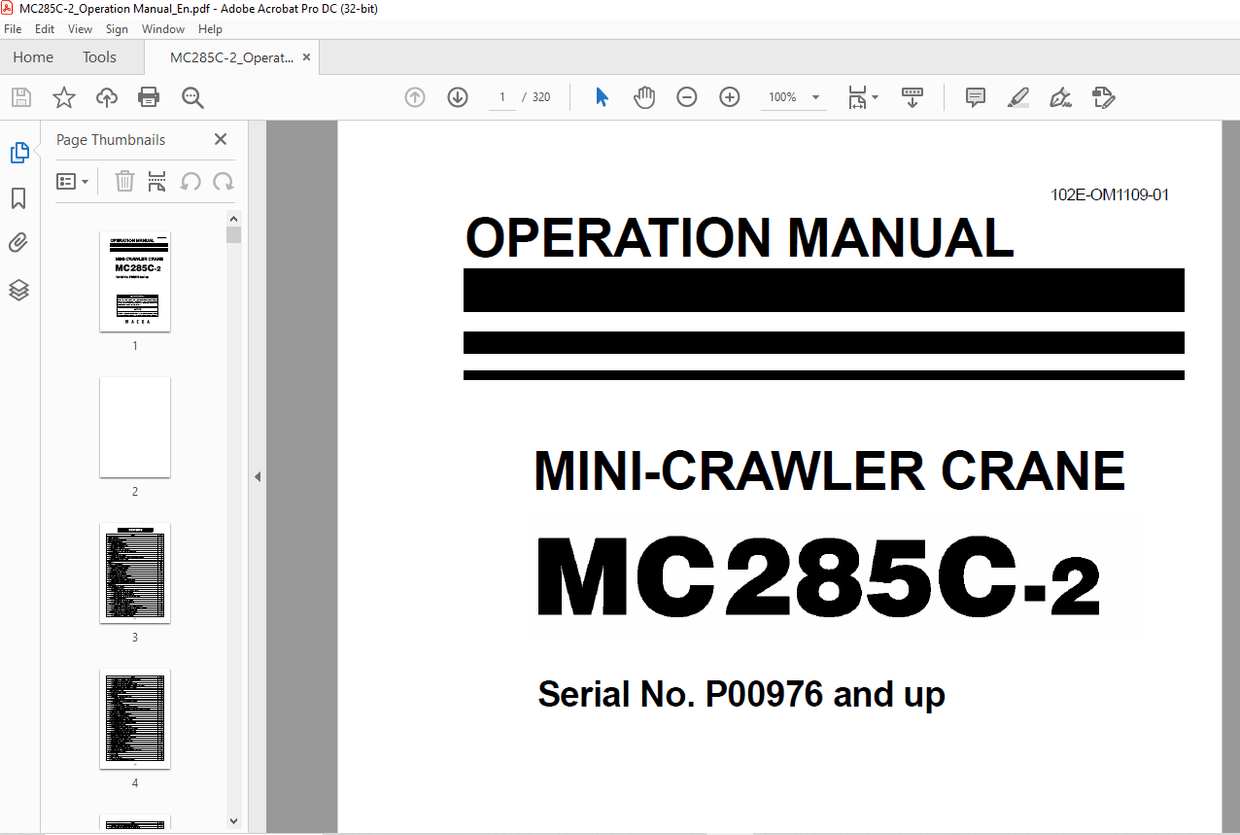 Maeda MC 285C-2 Mini Crawler Crane Operation Manual SN P00976 and up – PDF DOWNLOAD
