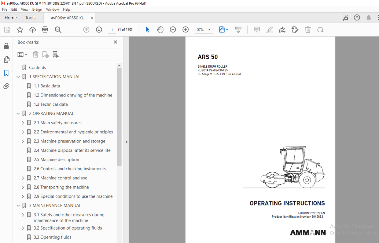 AMMANN ARS 50 SINGLE DRUM ROLLER OPERATING INSTRUCTIONS 3045882 - PDF