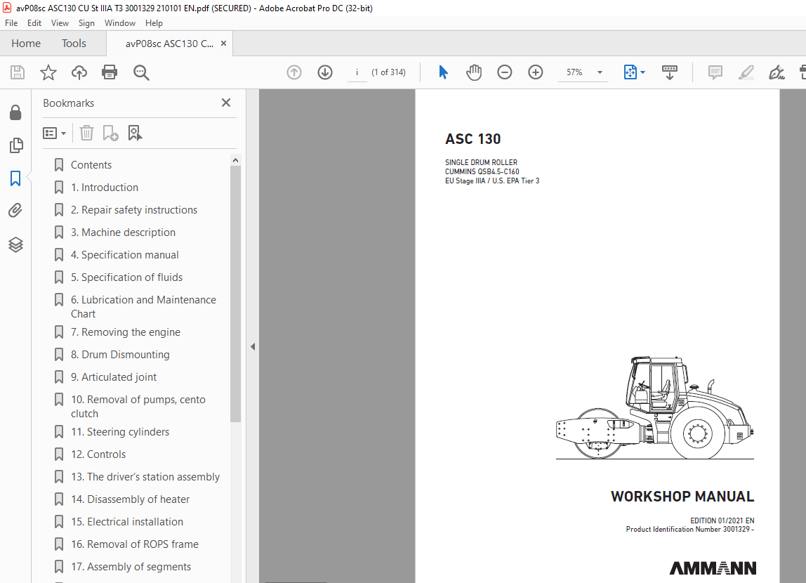 Ammann ASC 130 Single Drum Roller Workshop Manual 3001329 - PDF