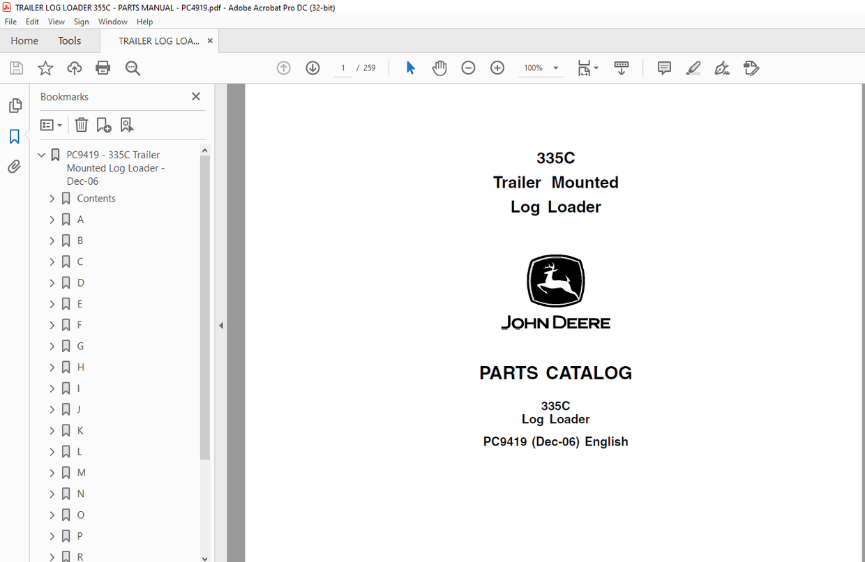 John Deere 335C Trailer Mounted Log Loader Parts Manual PC9419 - PDF ...