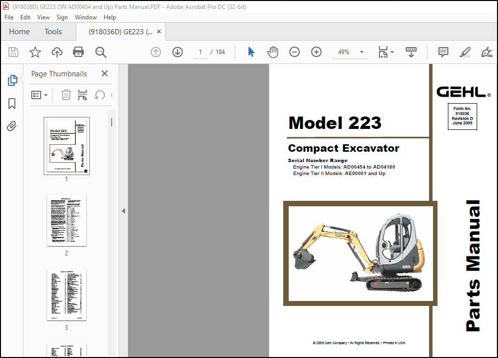 GEHL Compact Excavators 223 Parts Manual(918036) – PDF DOWNLOAD