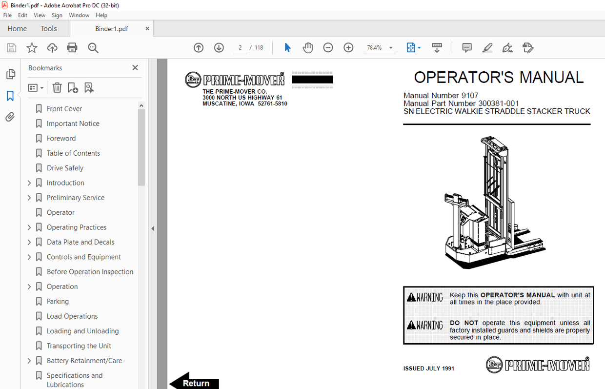 BT Forklift SN 20 30 40 ELECTRIC WALKIE STRADDLE STACKER TRUCK OPERATOR ...