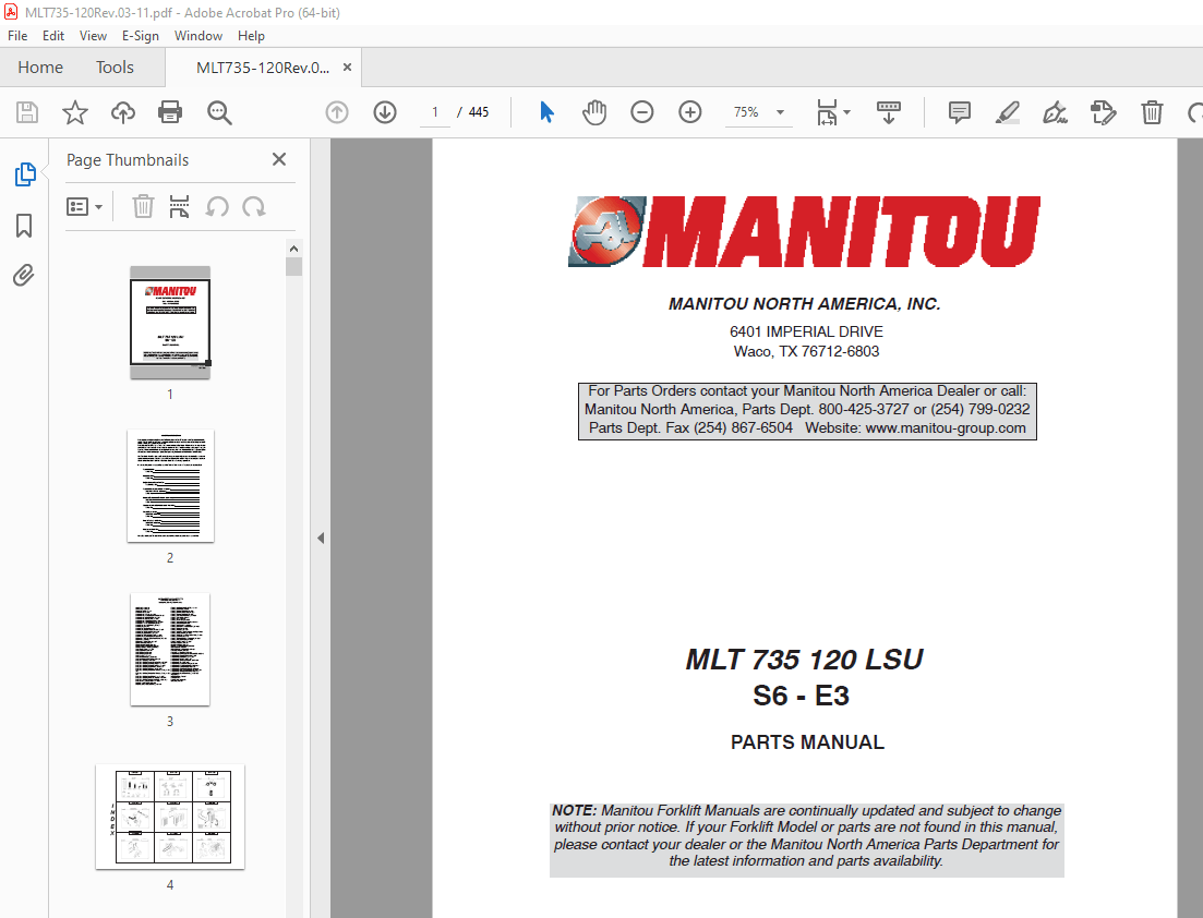 Manitou Forklift MLT 735 120 LSU S6-E3 Parts Manual – PDF DOWNLOAD