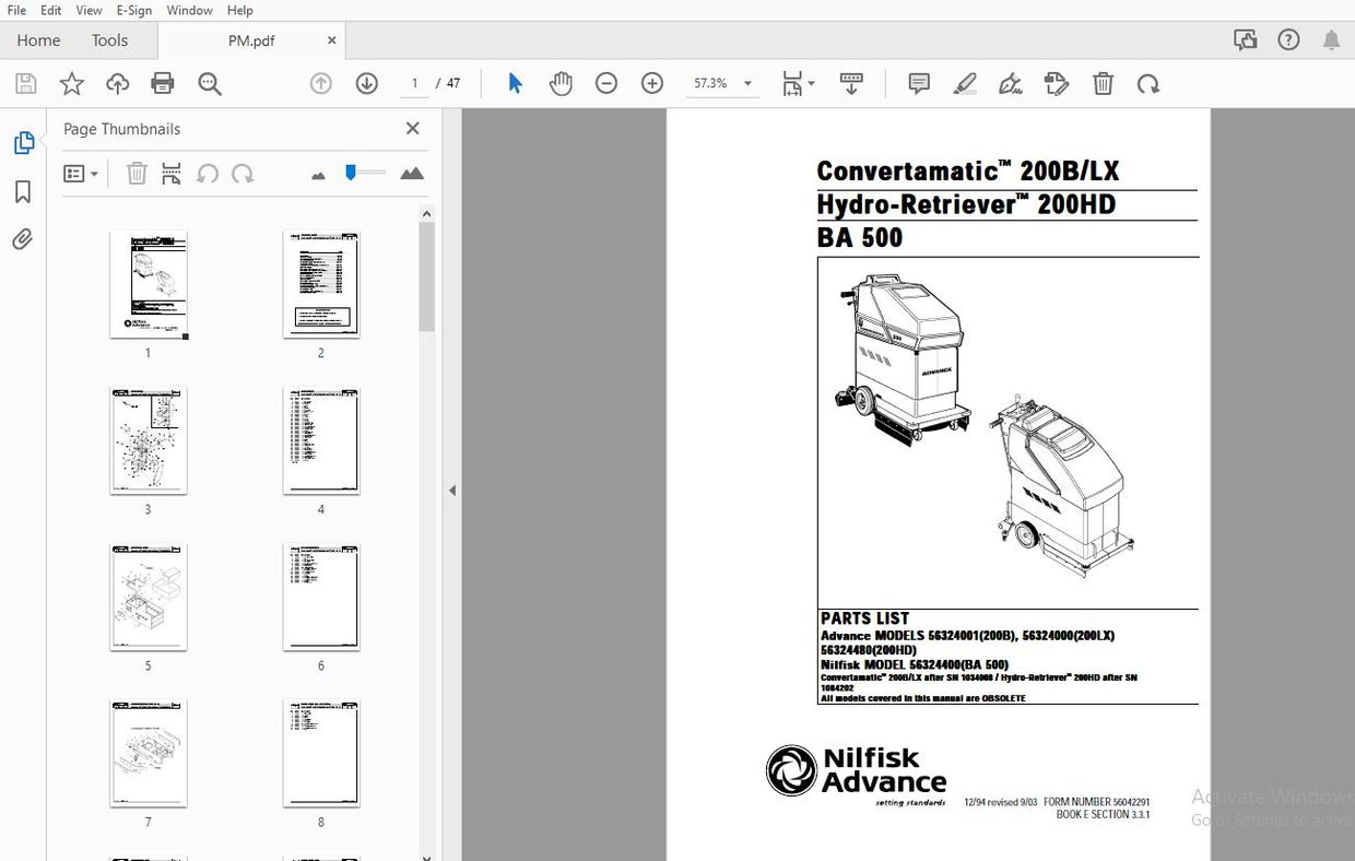 Nilfisk Advance Convertamatic 200B/LX Hydro-Retriever 200HD BA 500 Parts Manual PM – PDF DOWNLOAD