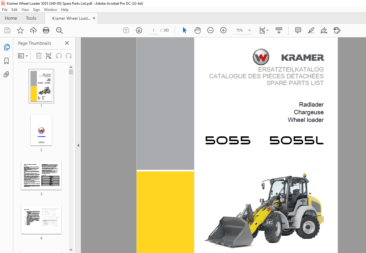 KRAMER Wheel loader 5055 5055L Spare Parts List Manual SN349030001 ...
