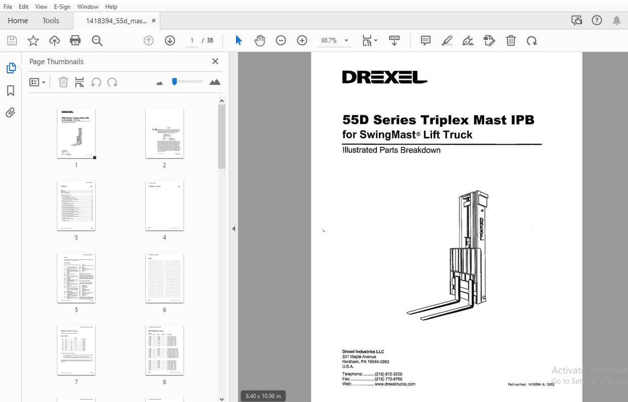 Drexel 55D Series Triplex Mast IPB SwingMast Lift Truck Parts Manual ...