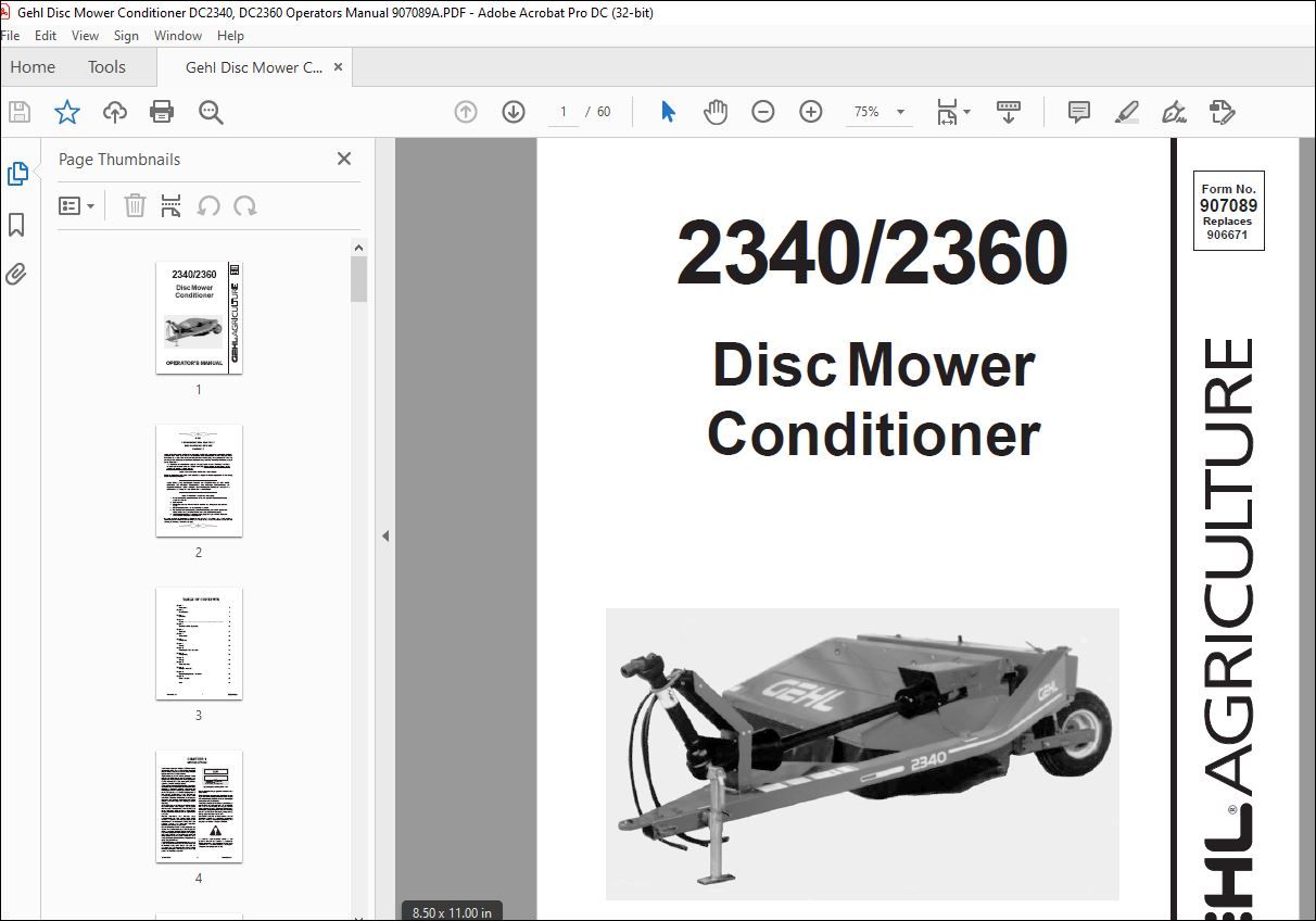 Gehl Disc Mower Conditioner DC2340, DC2360 Operators Manual 907089A ...