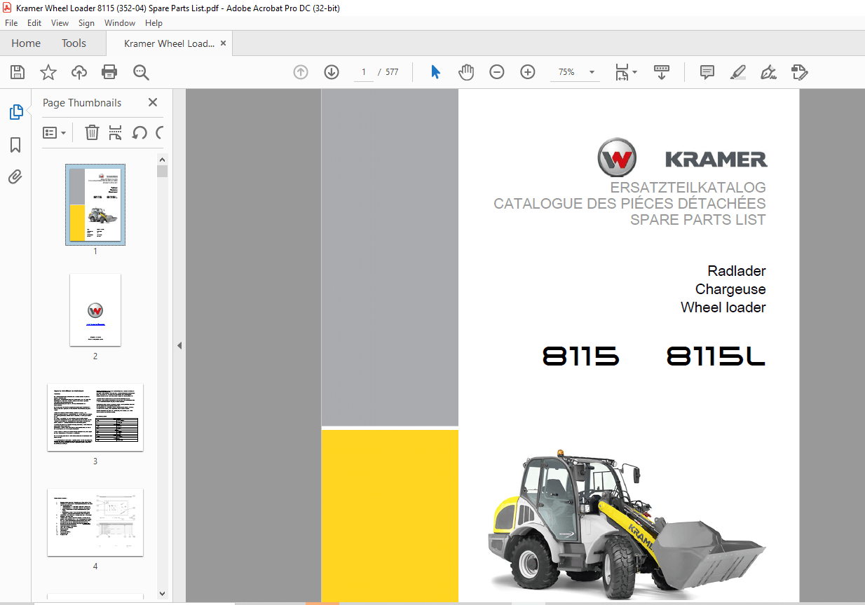 KRAMER Wheel loader 8095 8095L Spare Parts List Manual SN351060001 ...